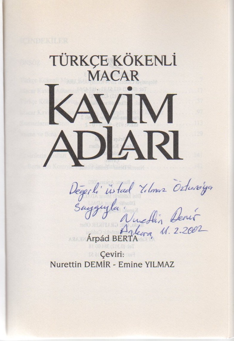 Türkçe Kökenli Macar Kavim Adları [İmza, Yılmaz Öztuna'ya, Nurettin ...
